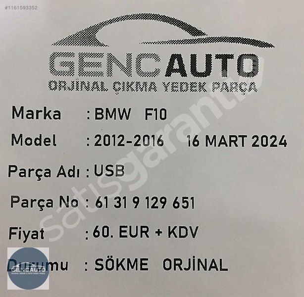BMW F10 USB AUX SÖKME ORJİNAL OEM 61319129651 - satisgaranti.com