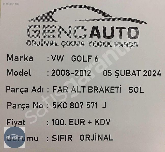VW GOLF 6 FAR ALT BRAKETİ SOL SIFIR ORJİNAL OEM 5K0807571 J ...