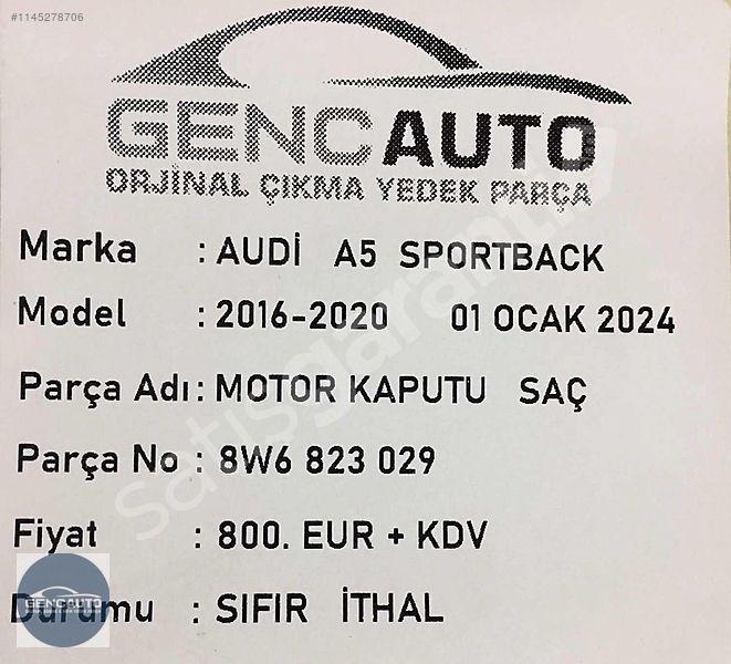 AUDİ A5 SPORTBACK MOTOR KAPUTU SIFIR İTHAL OEM 8W6823029 - satisgaranti.com