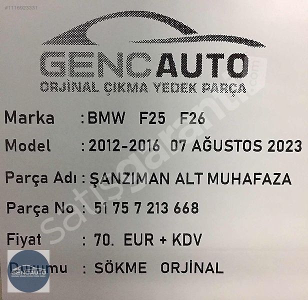 BMW F25 X3 ŞANZIMAN ALT MUHAFAZA SÖKME ORJ KEÇE OEM 51757213668 ...