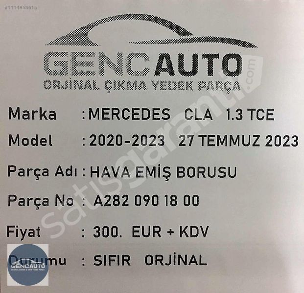 MERCEDES CLA 1.3 TCE HAVA EMİŞ BORUSU SIFIR ORJ OEM A2820901800 ...